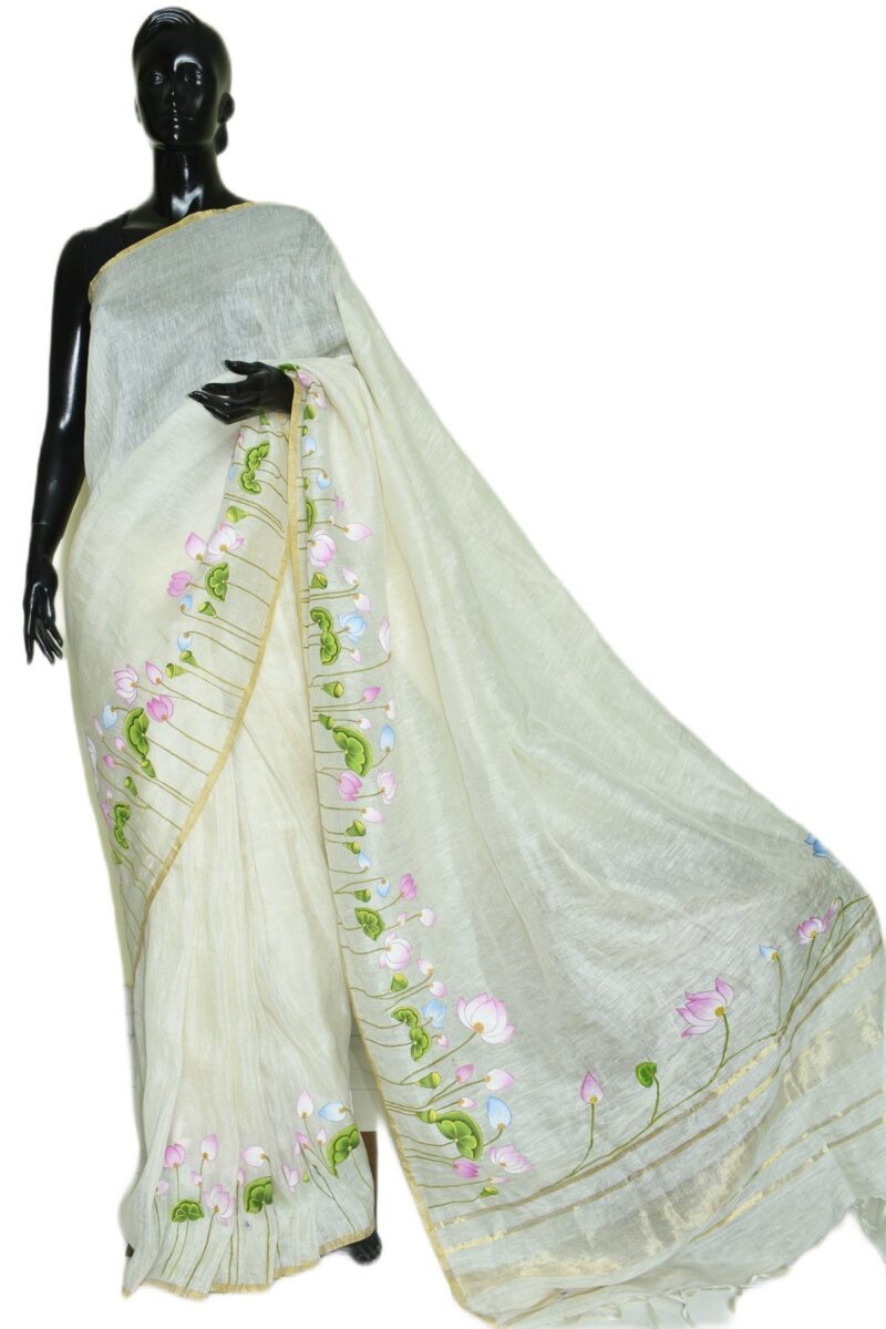The Lotus Pichwai Saree | Hand Painted | Art on Linen Tussar